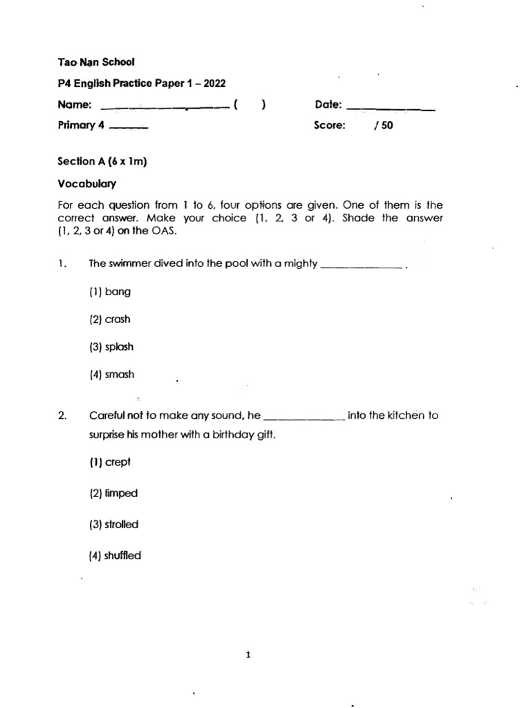 P4 English Vocabulary Practice Test | PDF