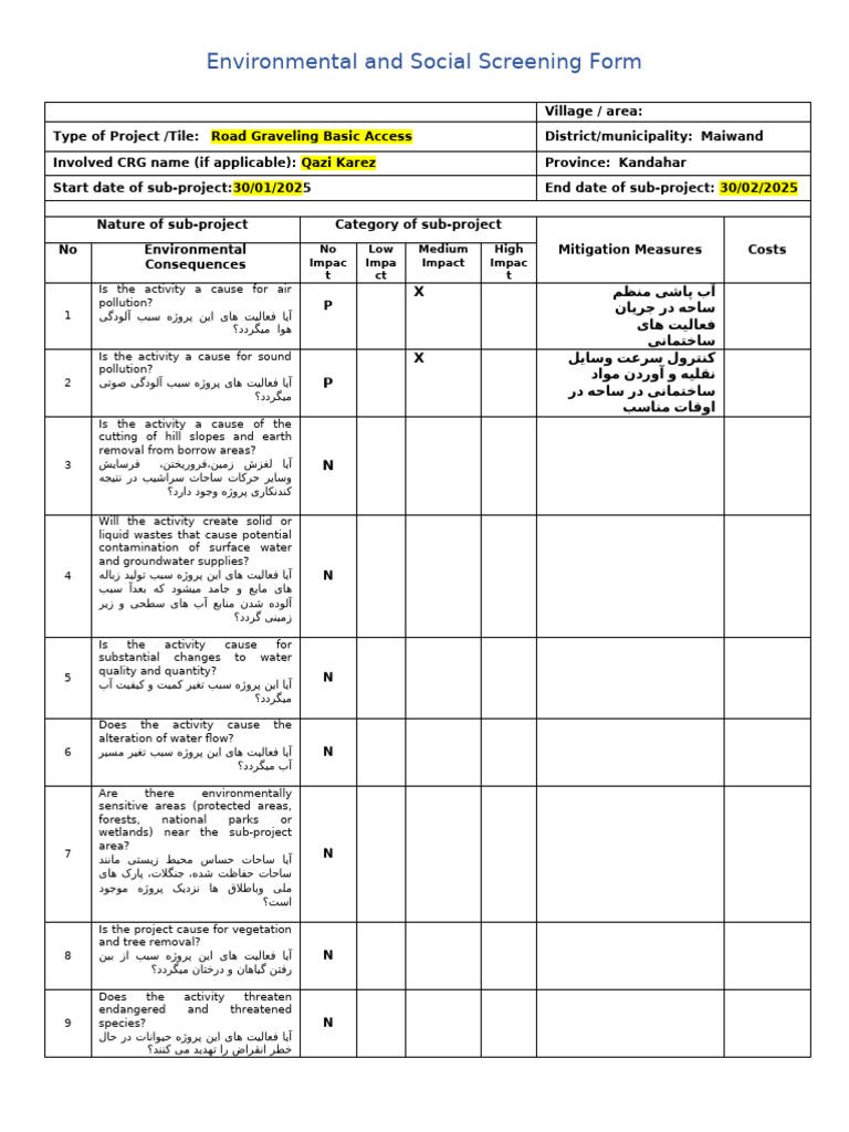 2 - Transport Environmental and Social Screening | PDF