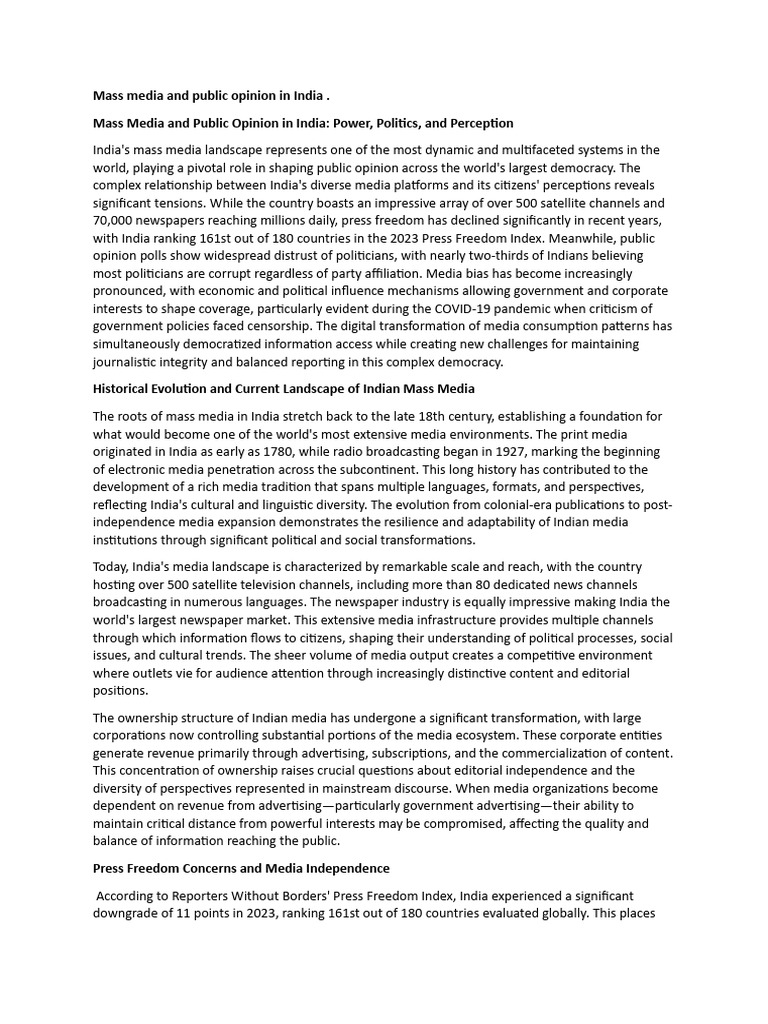 Mass Media and Public Opinion in India | PDF | Media Bias | Mass Media