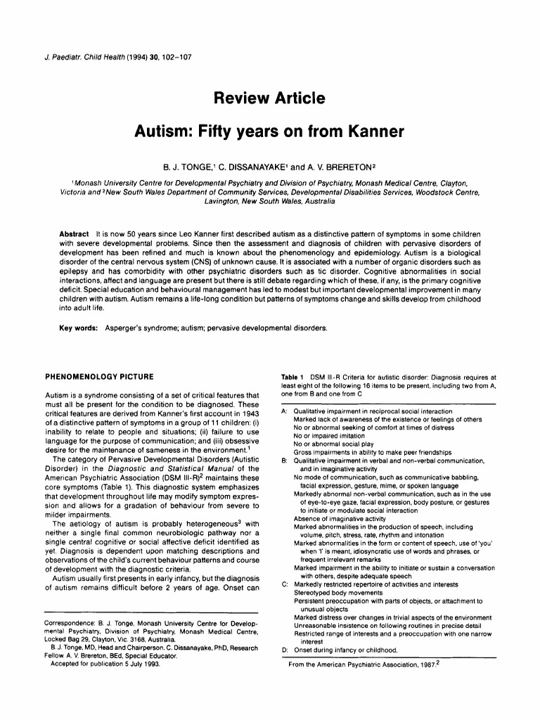 Autism Fifty Years On From Kanner | PDF | Autism | Mental Disorder