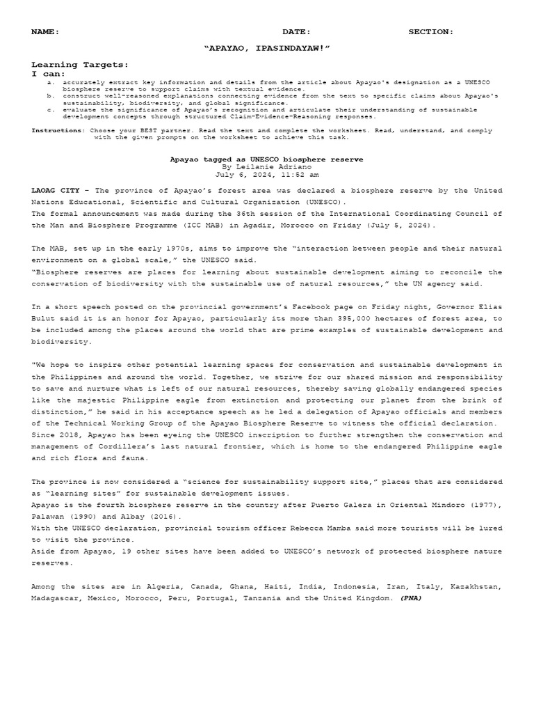 Apayao - Close Reading With Corroboration | PDF | Sustainable Development | Sustainability