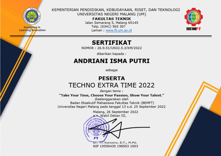 Sertifikat Andriani Isma Putri: Techno Extra Time 2022 | PDF