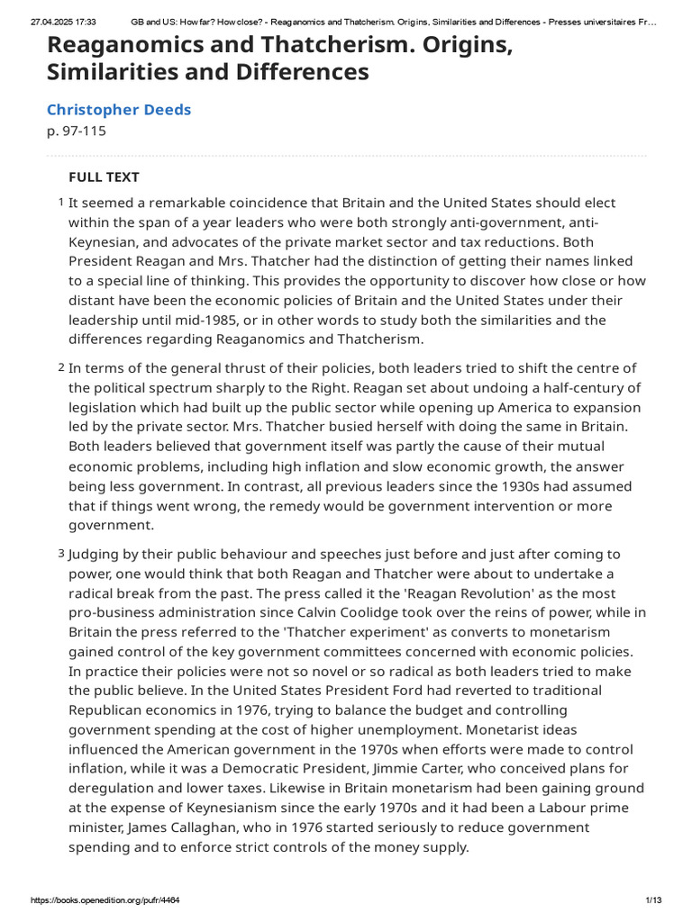 GB and US - How Far - How Close - Reaganomics and Thatcherism. Origins ...
