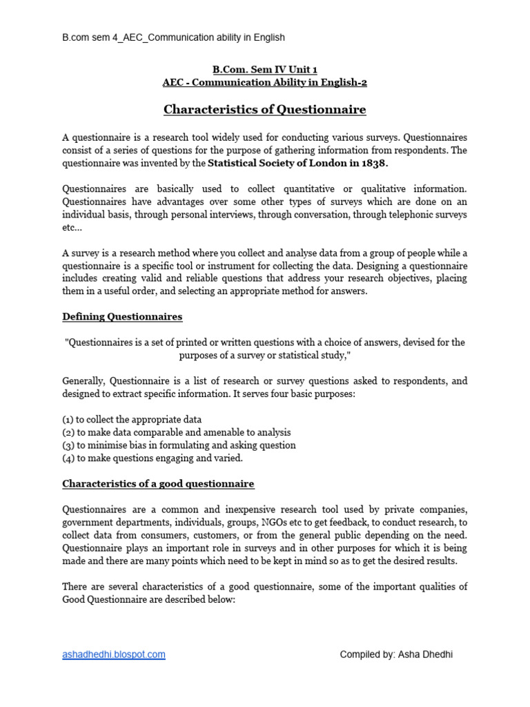 AEC Sem 4 - Unit 1 - Questionnaire - Theory (1) | PDF | Survey Methodology | Questionnaire