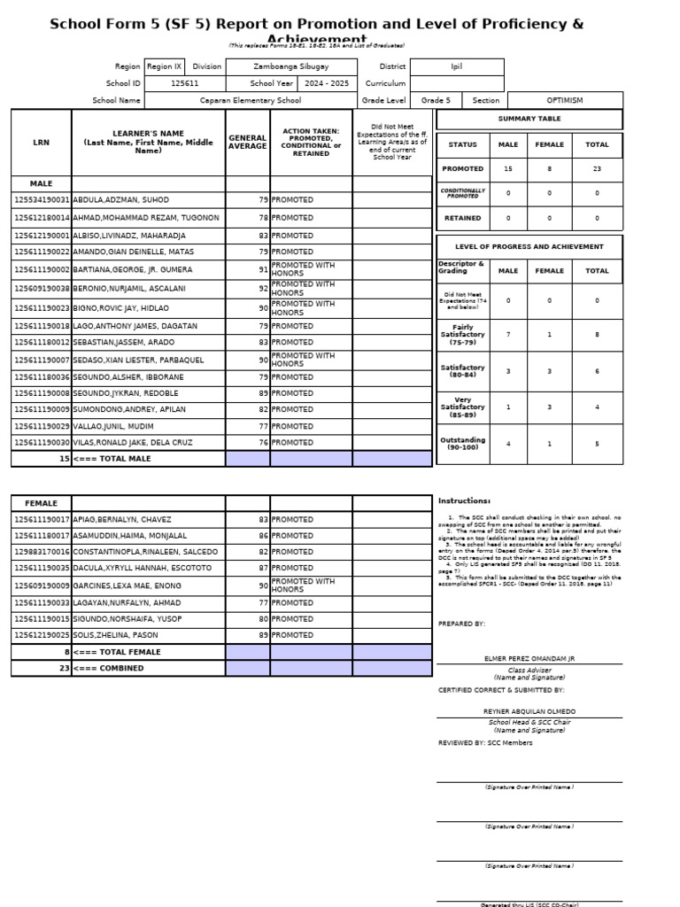 Grade 5 Promotion Report 2024-2025 | PDF