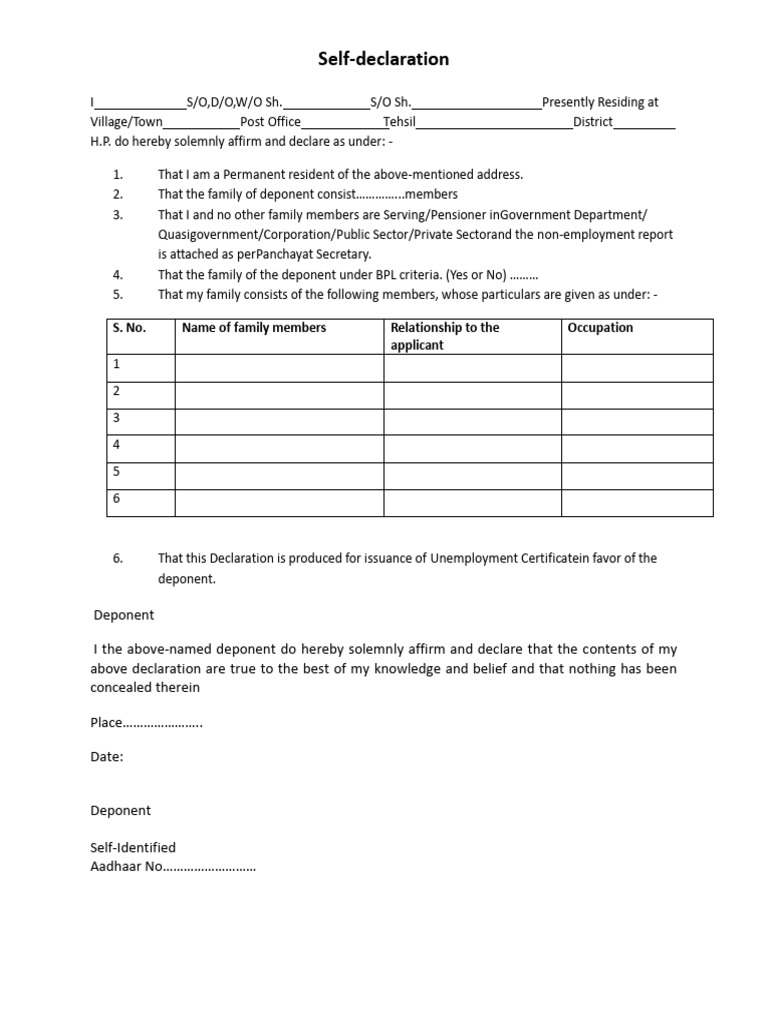 Self Declaration EWS HIMACHAL | PDF