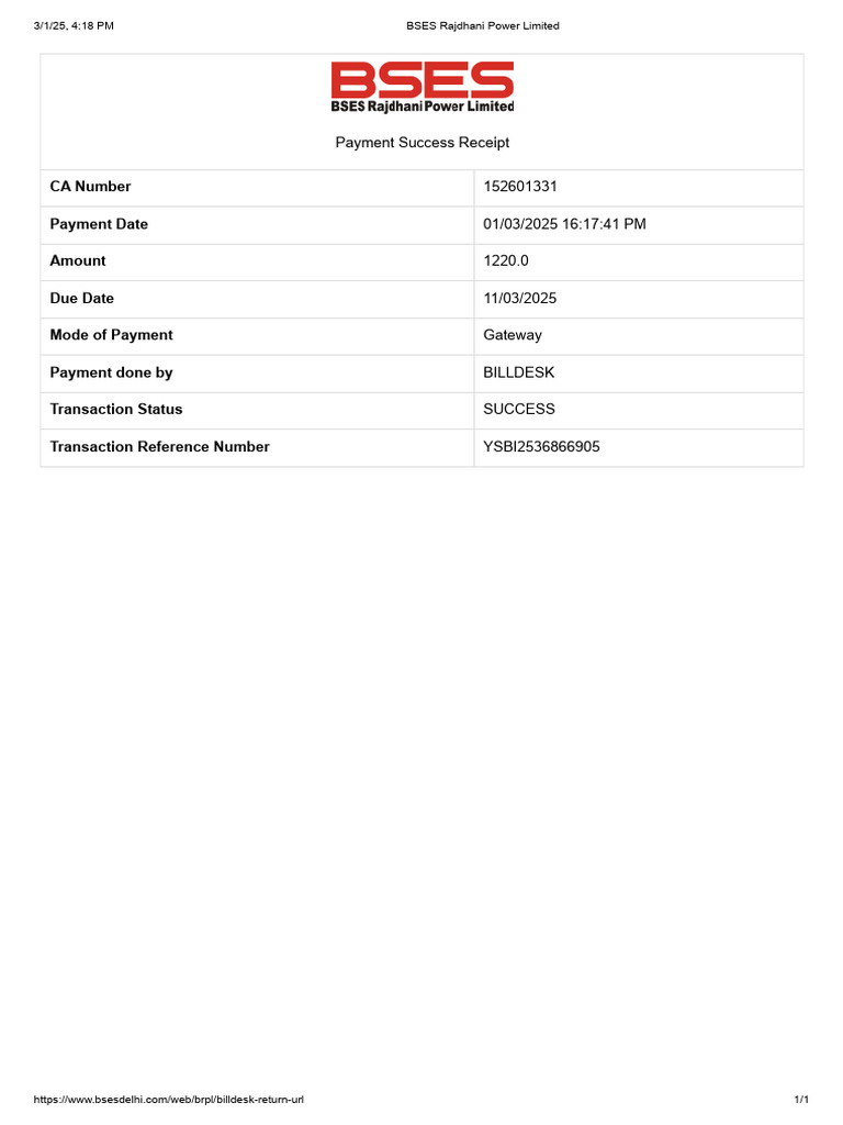BSES Bill Receipt February 2025 | PDF