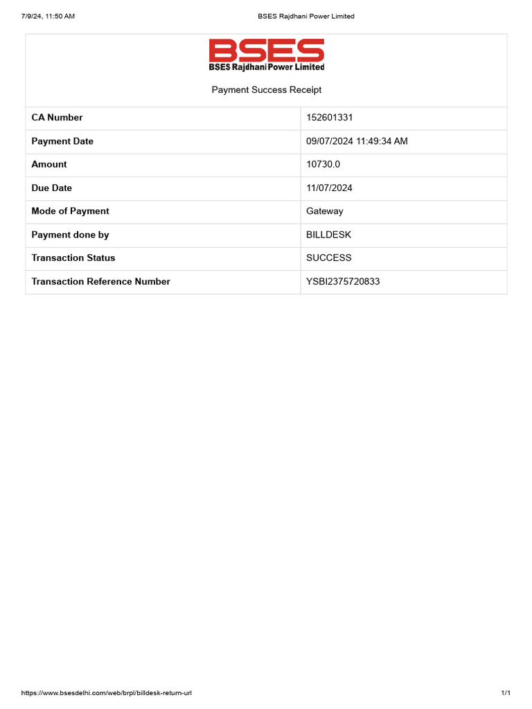 BSES Bill Receipt July 2024 | PDF