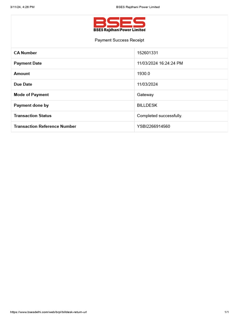 BSES Bill Receipt March 2024 | PDF