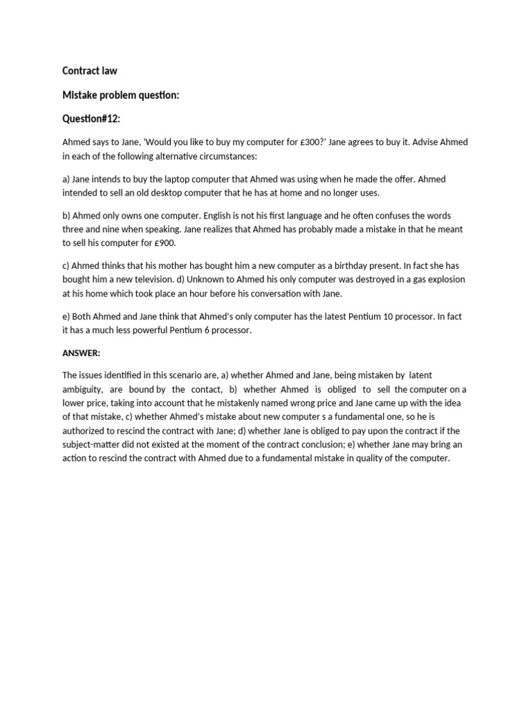 Contract Law Mistake Problem Question#12 | PDF