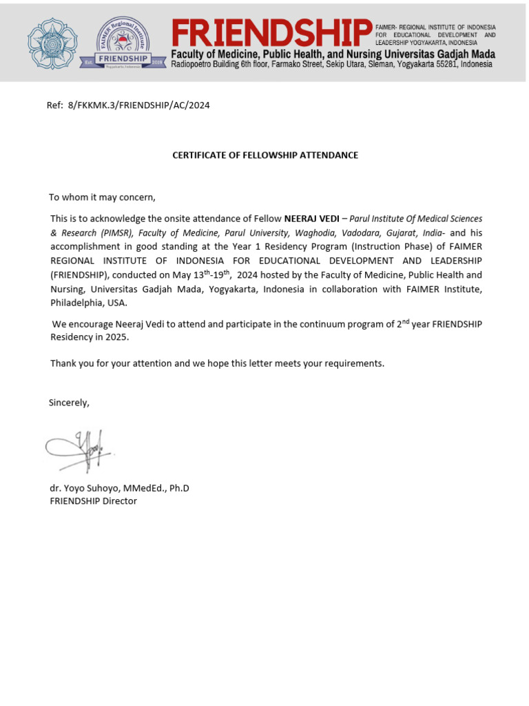DRN Neeraj Vedi Certificate of Fellowship Attendance | PDF