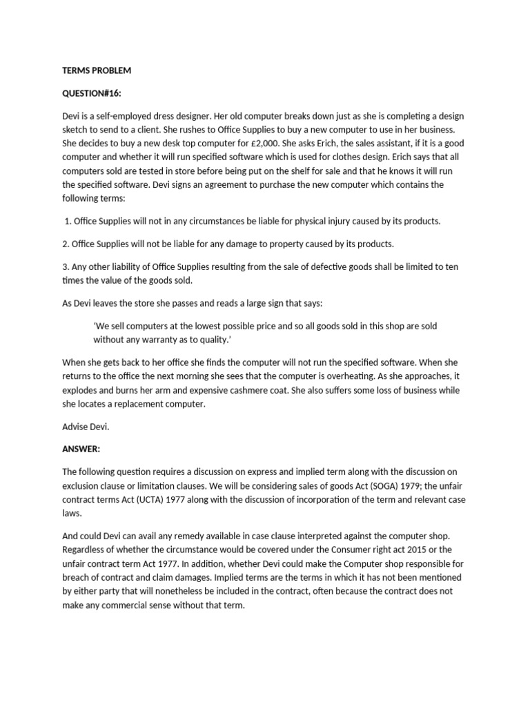 Contract Law Terms Problem Question#16 | PDF | Contractual Term | Legal ...