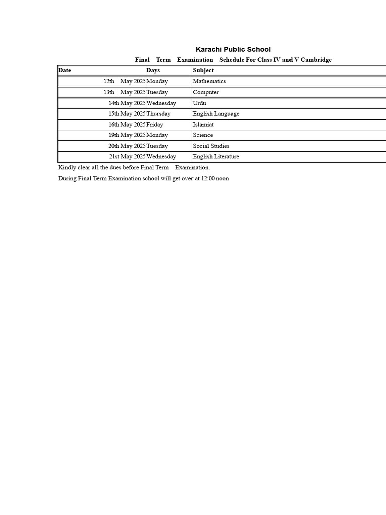 Karachi School Class IV-V Exam Schedule | PDF
