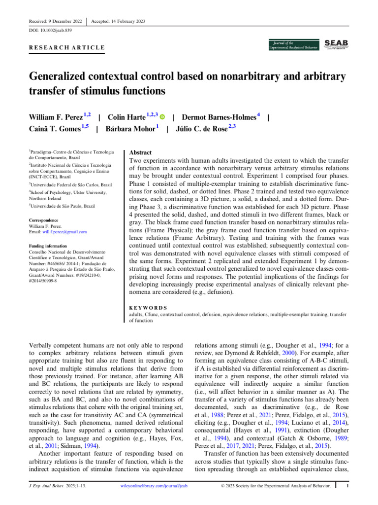 Contextual Control in Stimulus Function Transfer | PDF | Psychology ...