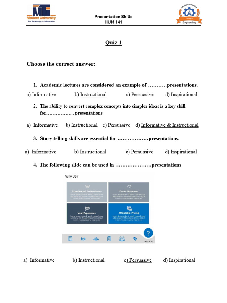 Presentation Skills Quiz for HUM 141 | PDF