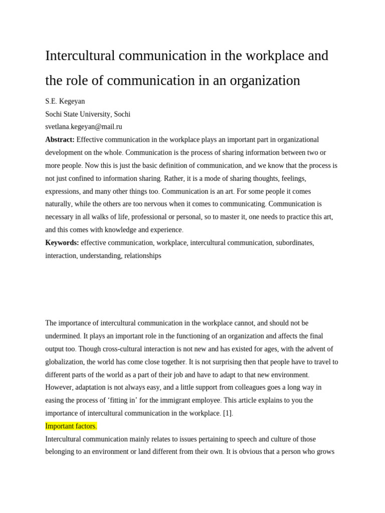 Intercultural Communication in The Workplace and The Role of Communication in An Organization ...