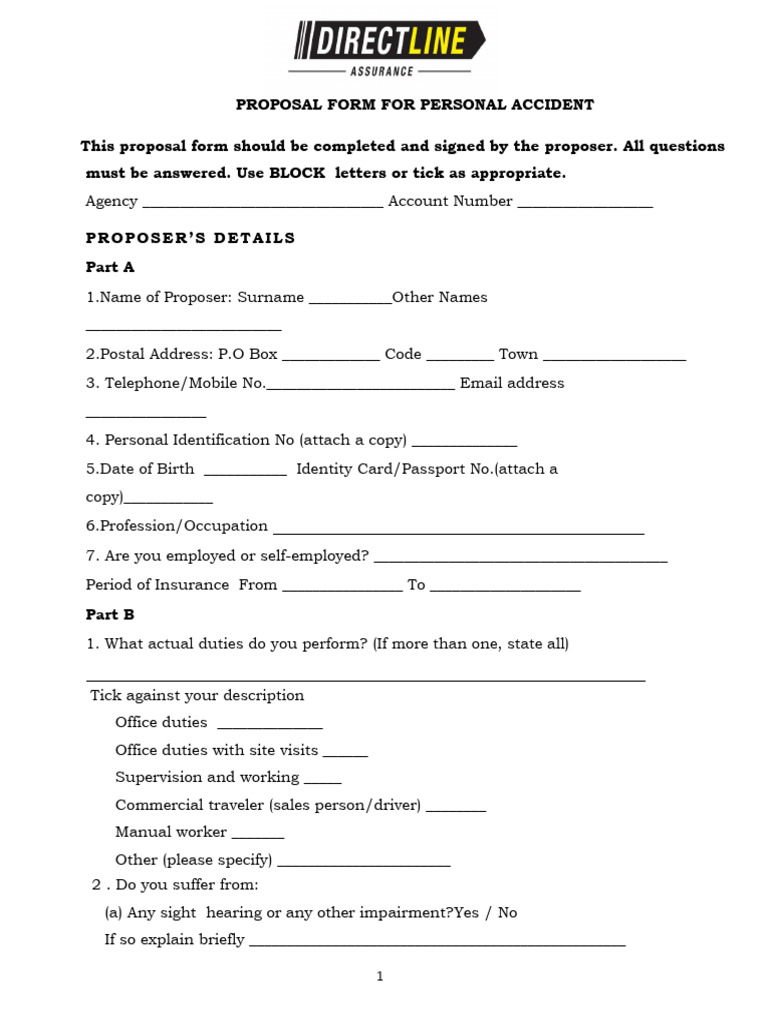 Standardized Personal Accident Insurance Proposal Form | PDF ...