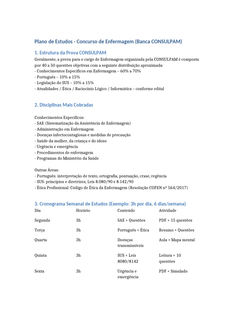 Plano Estudos Enfermagem CONSULPAM Rayanne | PDF | Enfermagem