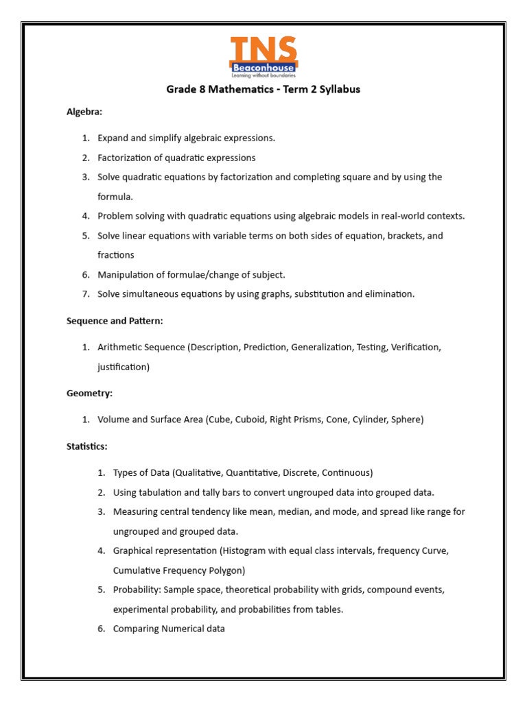 Grade 8 Term 2 Maths Syllabus | PDF