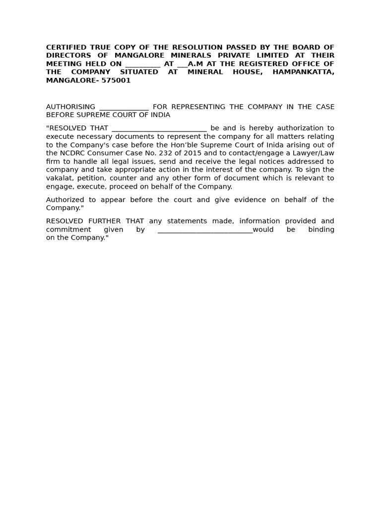 Board Resolution for Legal Representation | PDF