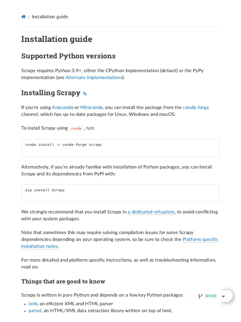 Installation Guide - Scrapy 2.13.0 Documentation | PDF | Software Development | System Software