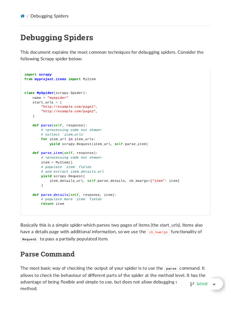 Debugging Spiders - Scrapy 2.13.0 Documentation | PDF | Computer Science | World Wide Web