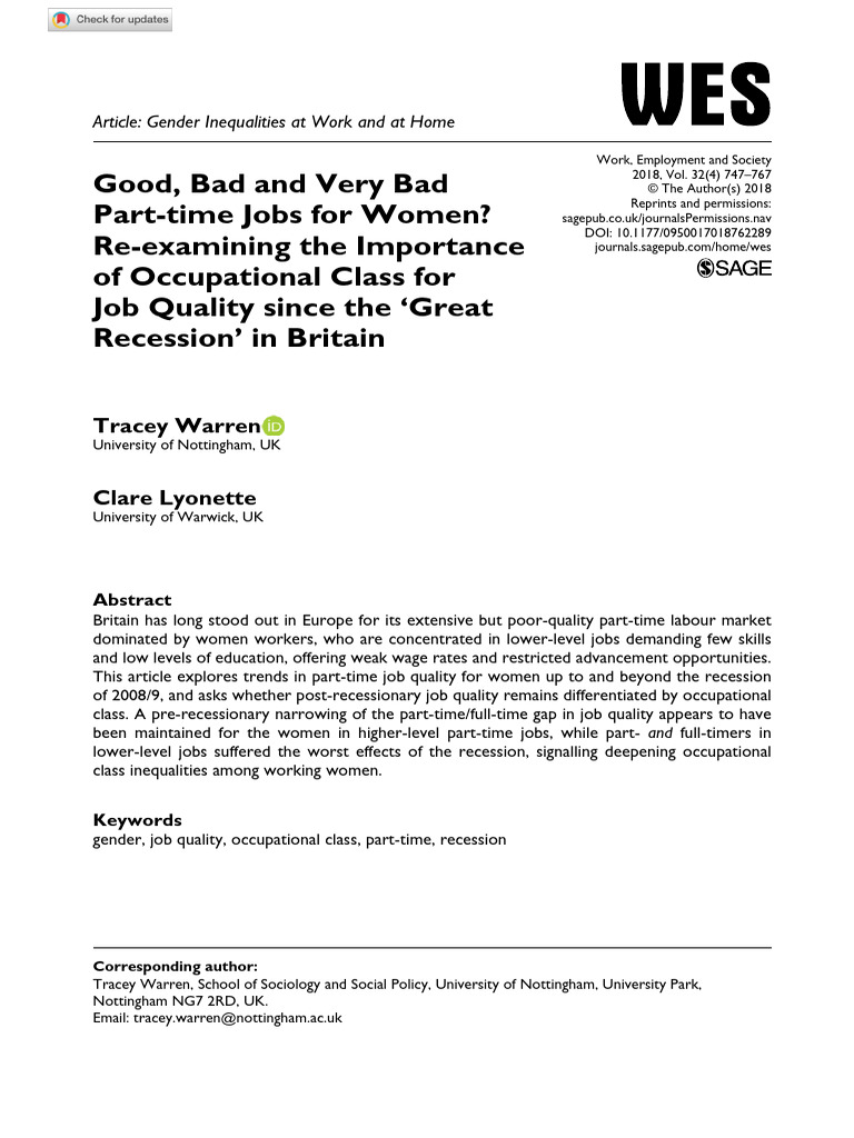 Good, Bad and Very Bad Part-Time Jobs For Women Re-Examining The ...