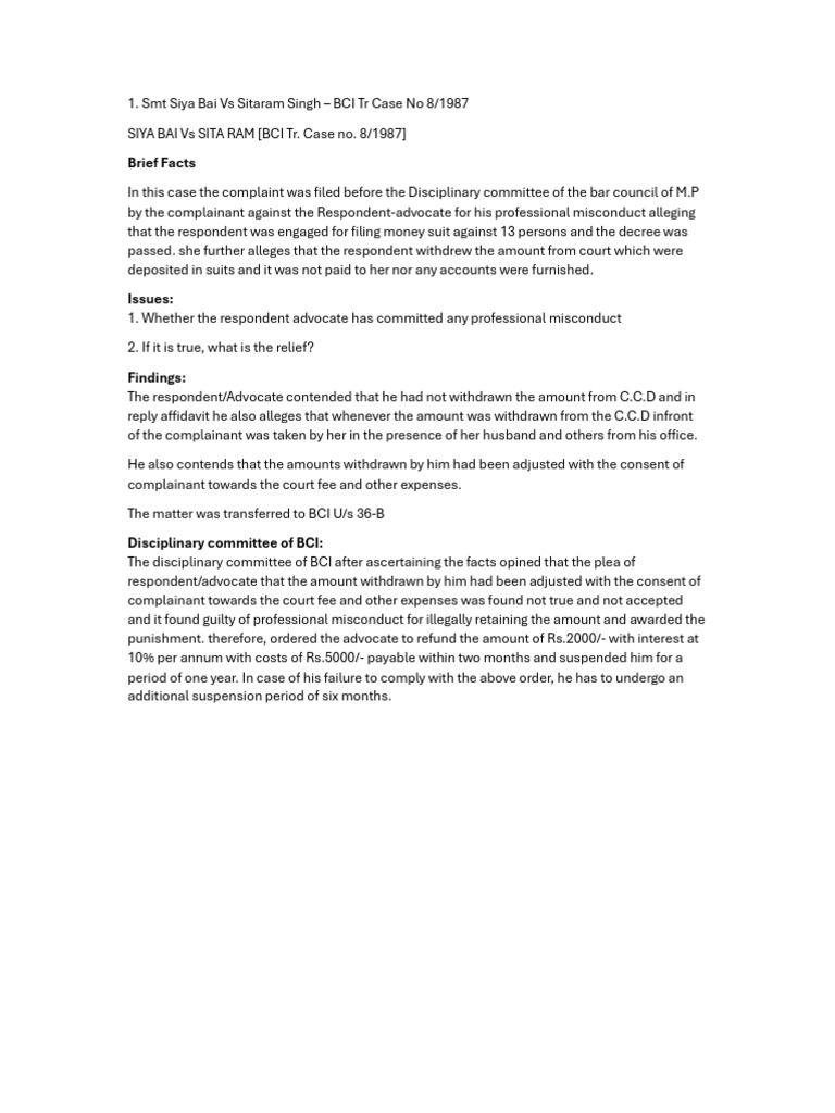 SMT Siya Bai Vs Sitaram Singh BCI TR Case No 8 - 1987 | PDF