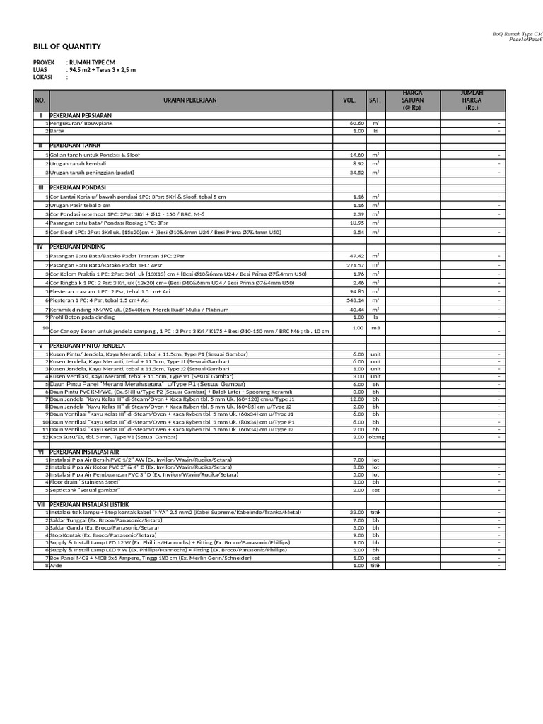 BoQ Pembangunan Rumah Type CM | PDF