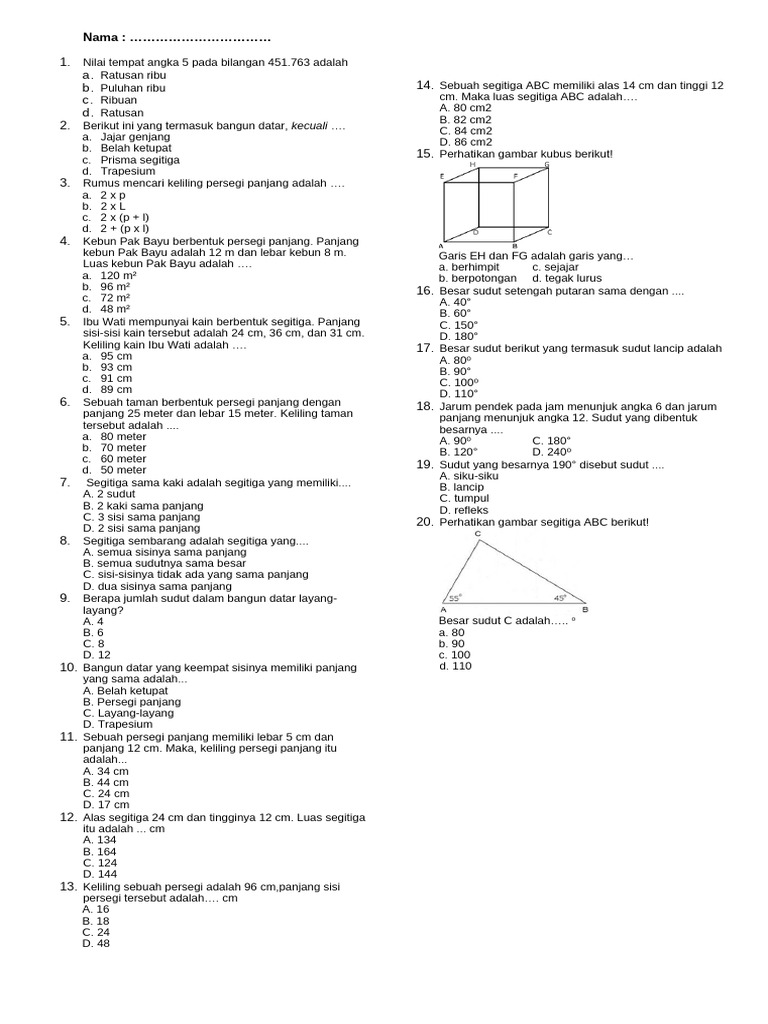 Soal PAT Matematika Kelas 5 Semester 2 Kurikulum Merdeka | PDF
