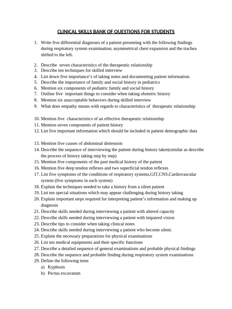 Clinical Skills Question Bank for Students | PDF | Physical Examination ...