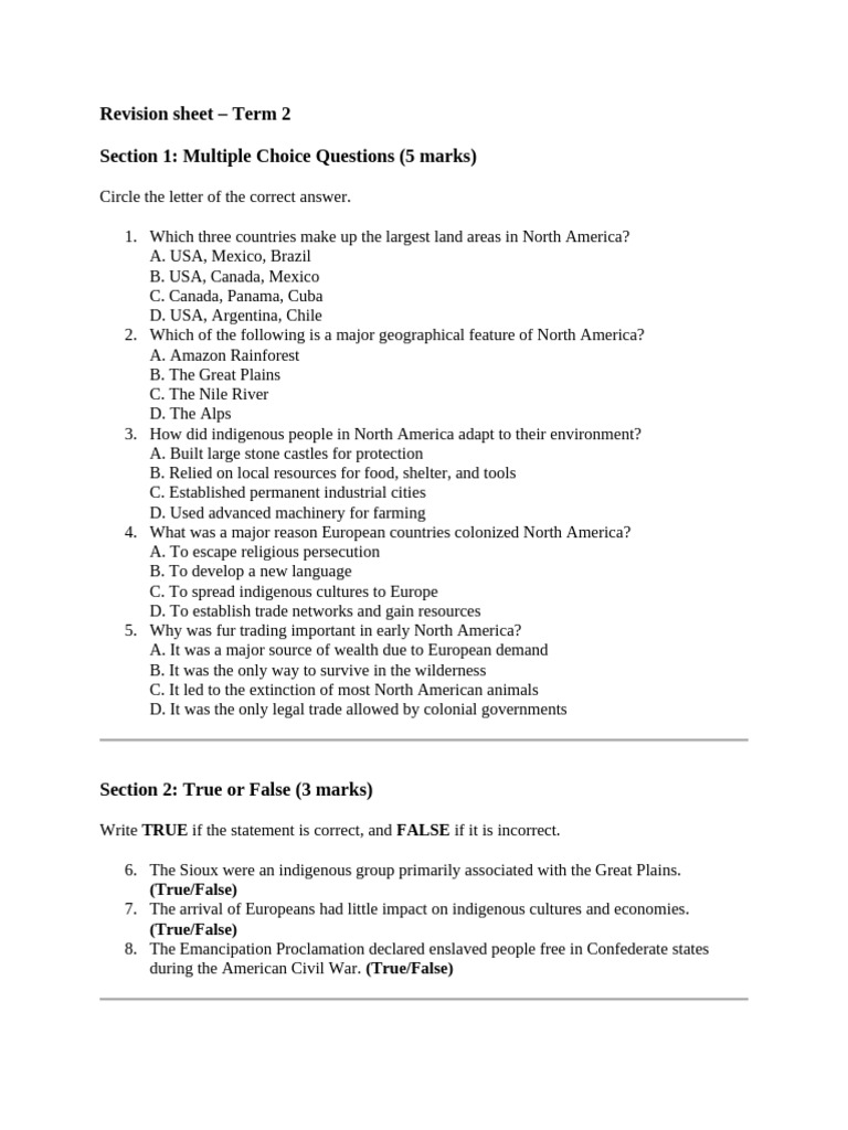 Revision Sheet - Term 2 Yr 9 | PDF