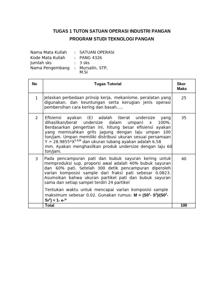 Tugas 1 Tuton Satuan Operasi Industri Pangan PANG4326 | PDF