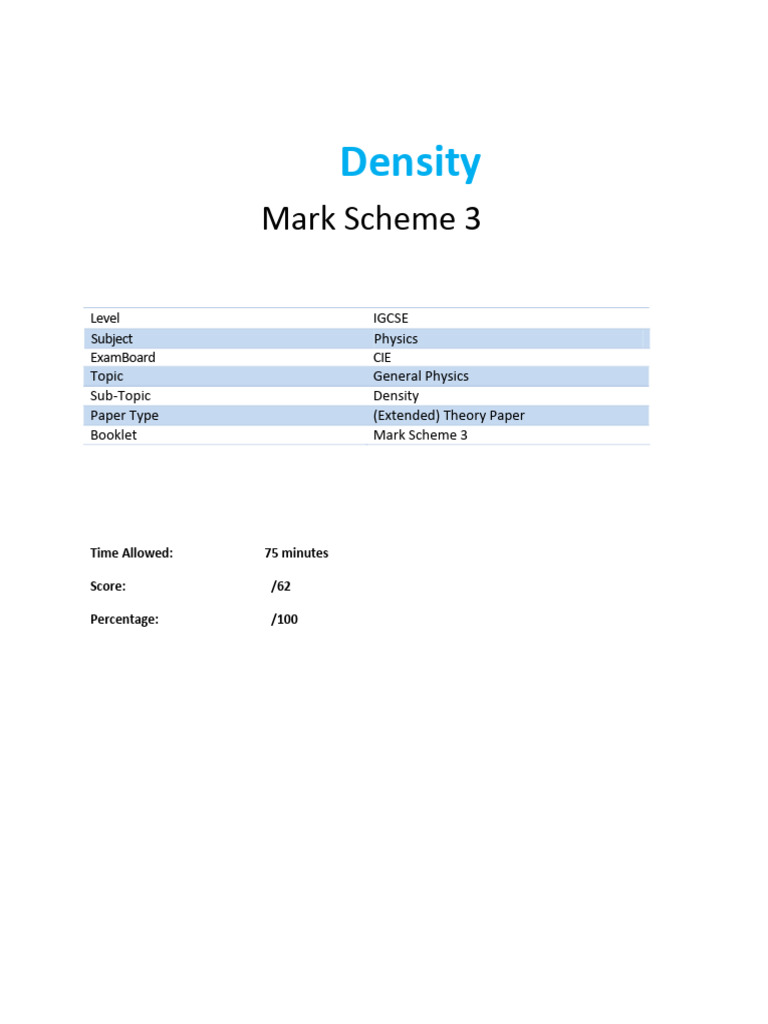 14.3 Density CIE IGCSE Physics Ext Theory Ms | PDF | Density | Pressure