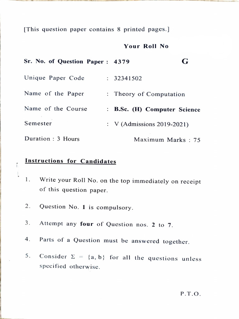 Theory of Computation Qpaper DU CBCS2024 | PDF | Theory Of Computation | Models Of Computation