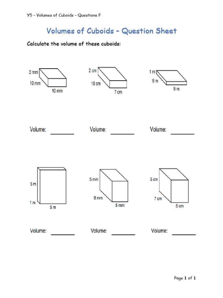 Y5 - Volumes of Cuboids - Questions FREE | PDF