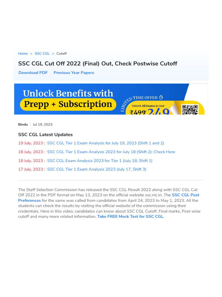 SSC CGL 2023 Tier 1 Cutoff Marks | PDF | Qualifications | Standardized ...
