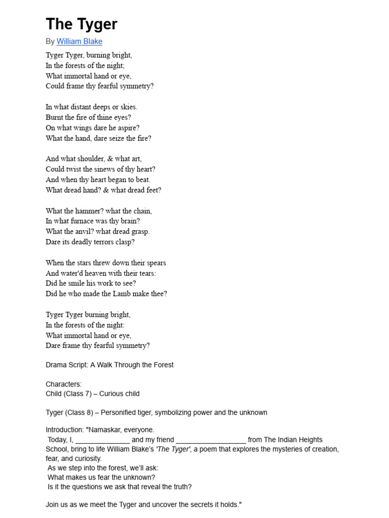 Poetry Drama The Tyger by William Blake | PDF