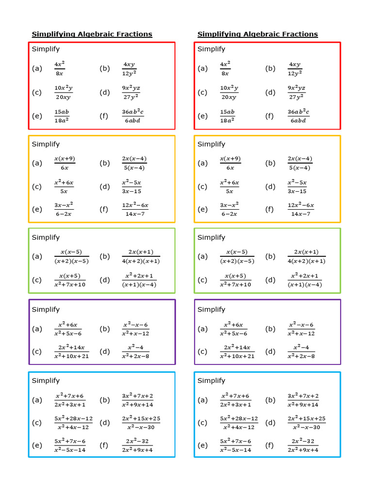 Simplifying Algebraic Fractions Practice Strips | PDF
