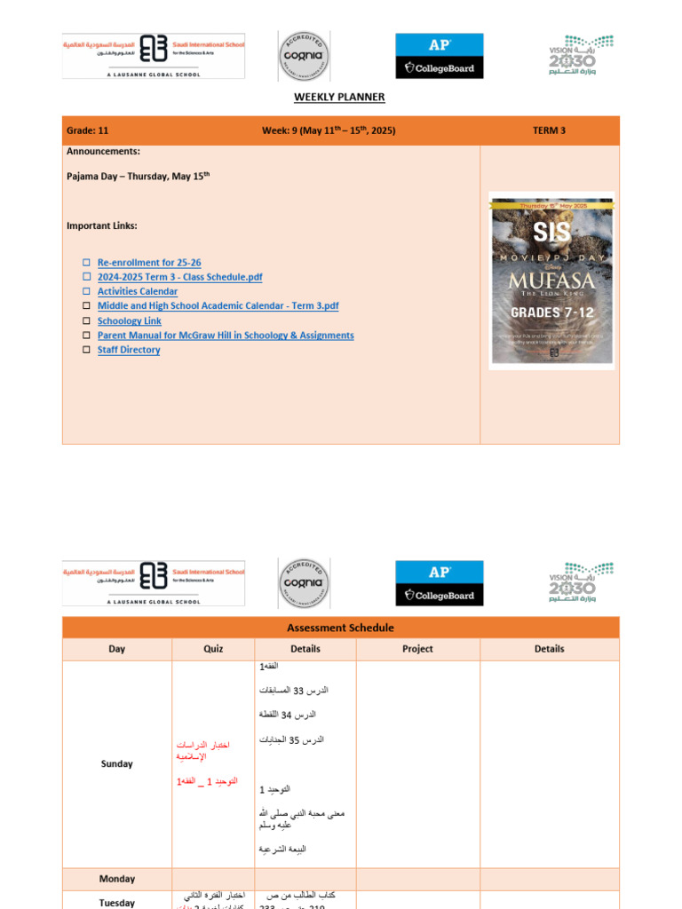 Grade 11 Weekly Planner- Term 3- Week 9 | PDF