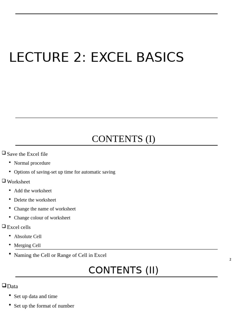 Lecture 2-Excel Basics | PDF | Computer File | Microsoft Excel