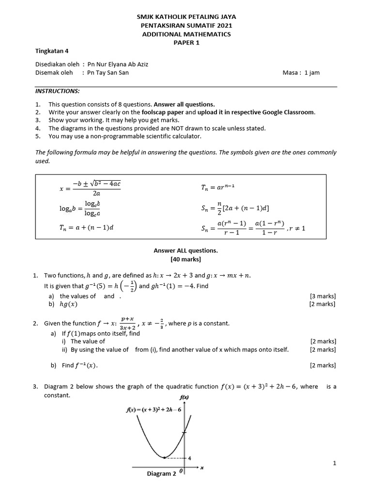 F4 Add Maths Past Year 2021 First Term | PDF | Mathematics | Algebra