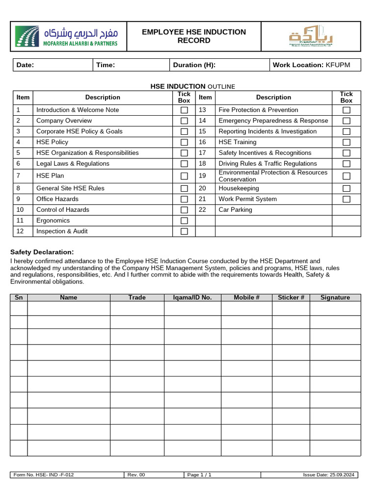 012-Employee HSE Induction Record - Blank | PDF | Safety | Occupational ...