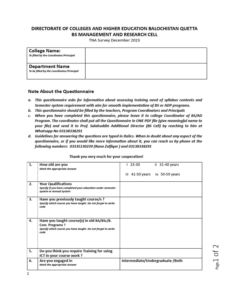 TNA SURVEY QUESTIONNAIRE DECEMBER 2023 | PDF
