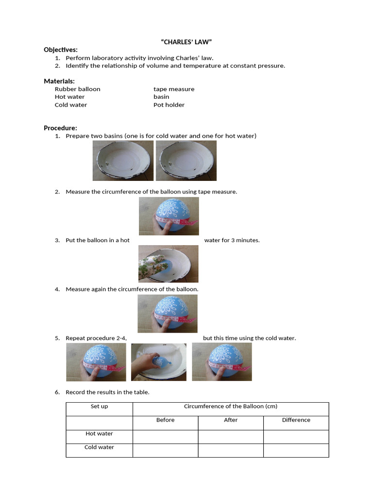 Charles Law Activity Sheet | PDF | Balloon | Temperature