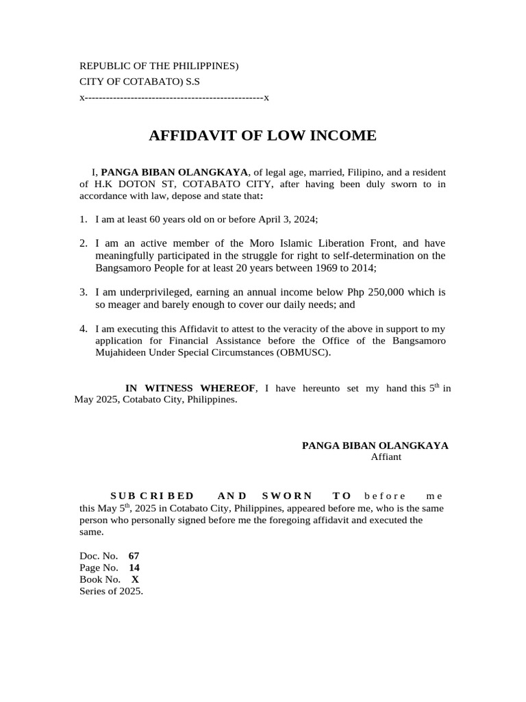 AFFIDAVIT OF LOW INCOME For Milf | PDF