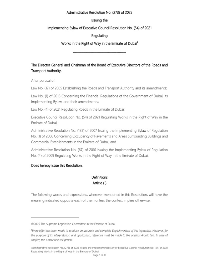 Administrative Resolution No. (273) of 2025 Regulating Works in The ...