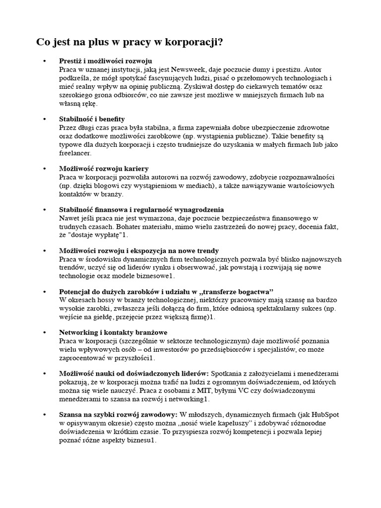 Plusy pracy w korporacji | PDF