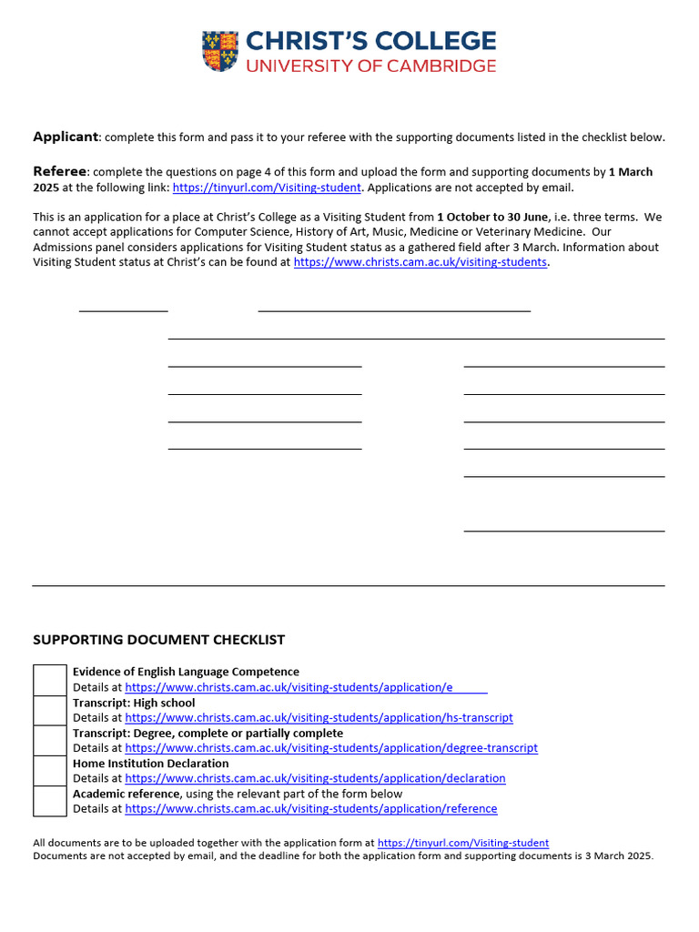Cambridge Visiting Student Application 2025-26 | PDF | University Of ...