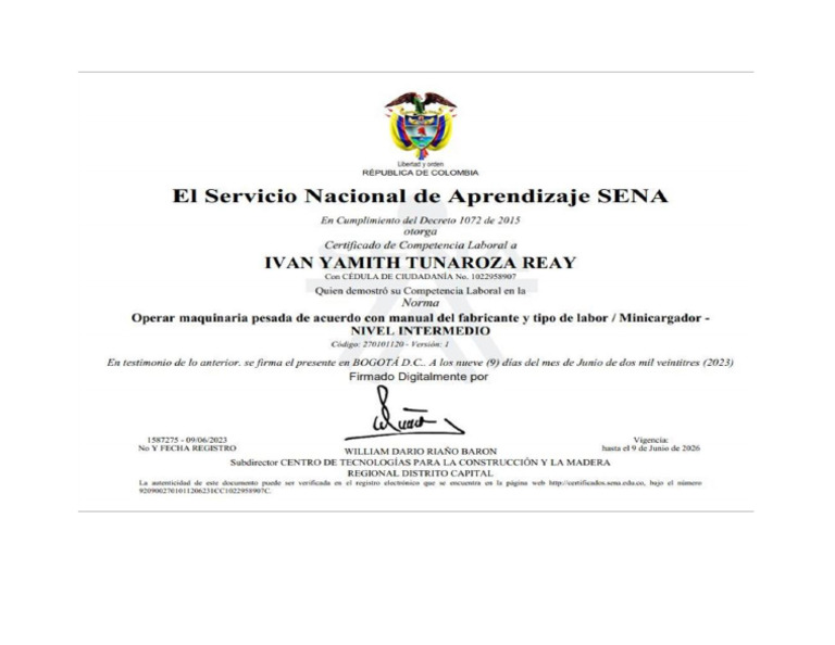 Certificado Sena Operario | PDF